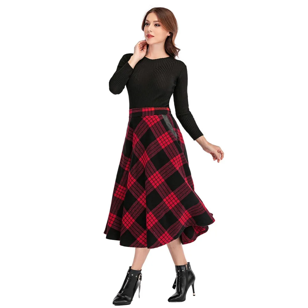High Waist A Line Women Long Skirt Plus Size 4XL England Plaid Woolen ...