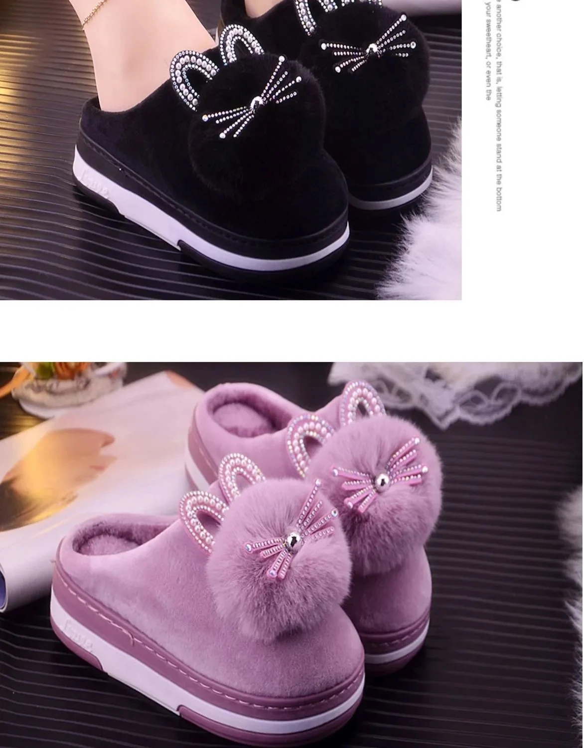 Chausson,d'hiver antidérapantes à pompon pour femme, en fourrure ...