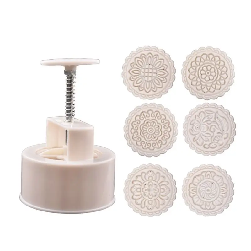 250g Mooncake Mold with 6pcs Round Flower Stamps Hand Press Moon Cake ...