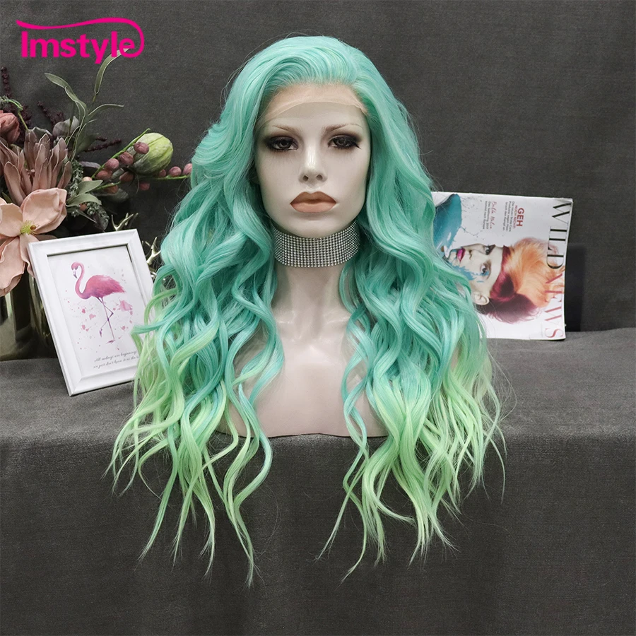 Imstyle verde ombre peruca peruca dianteira do laço sintético onda de ...