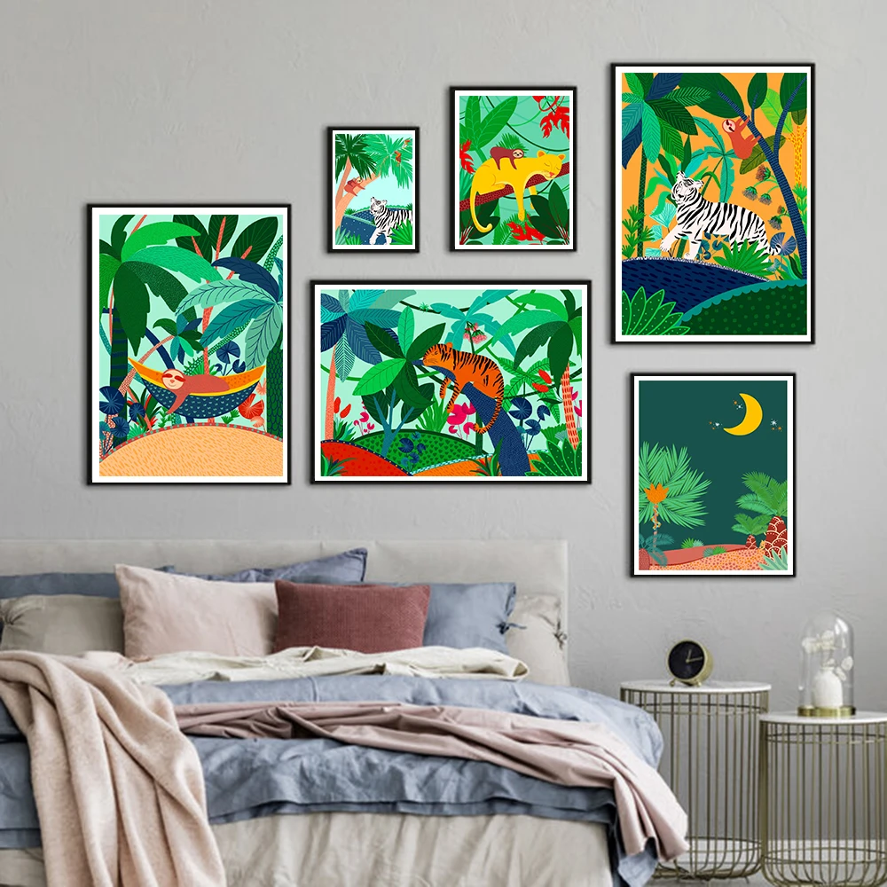 사파리 화이트 타이거 레오파드 정글 식물 포스터 프린트 벽 아트 캔버스 페인팅 북유럽 사진 거실 장식 홈 장식그림 And 서예