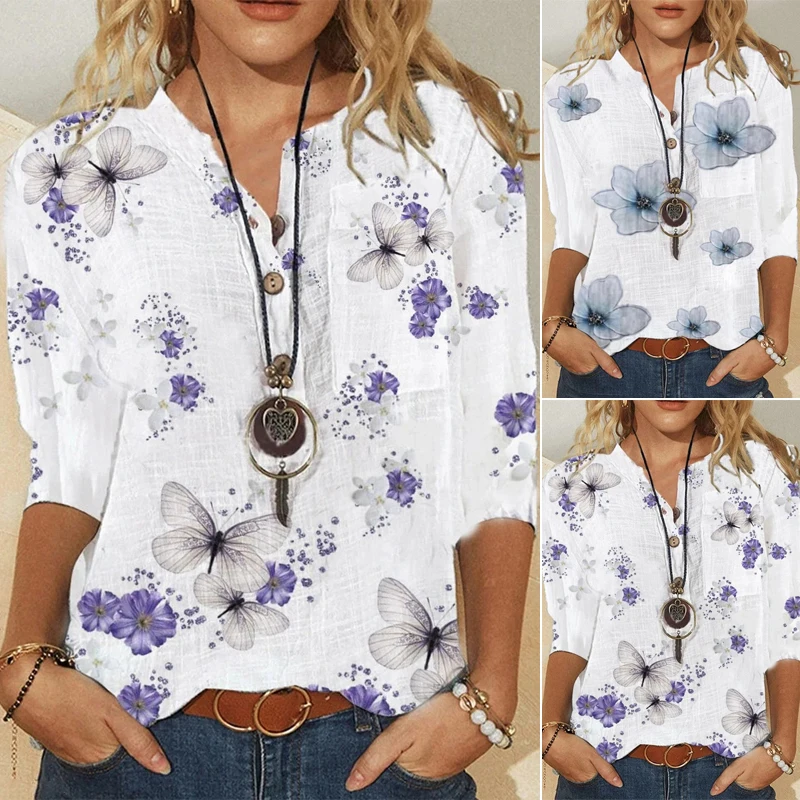 Summer Women Tops Blouses 2021 Elegant Three Quarter Sleeve Print V ...