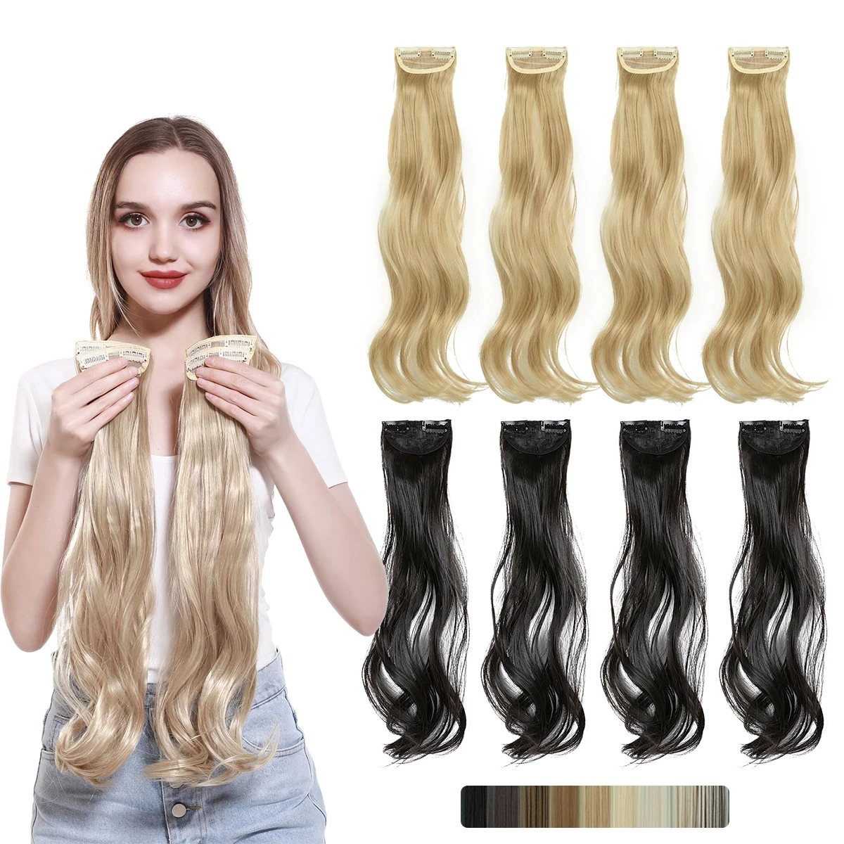 Synthetic Curly Clip In Hair Extensions Natural Black Blonde Fake Hair ...