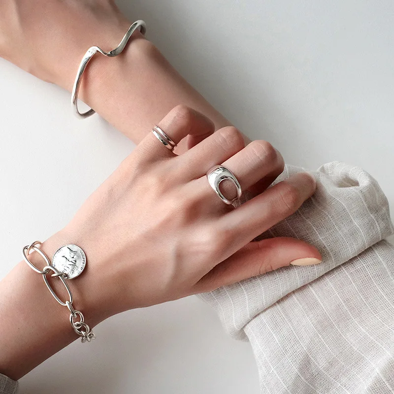 Silvology стерлингового серебра 925 ажурные глянцевые широкие кольца минималистский Япония Корея ...