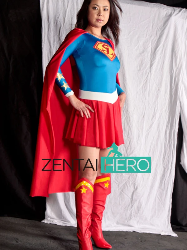 섹시한 여성 슈퍼 히어로 스판덱스 바디수트 블루 슈퍼걸 레이디 젠타이 캣수트 영화 코스프레 기가 레오타드 망토 포함영화
