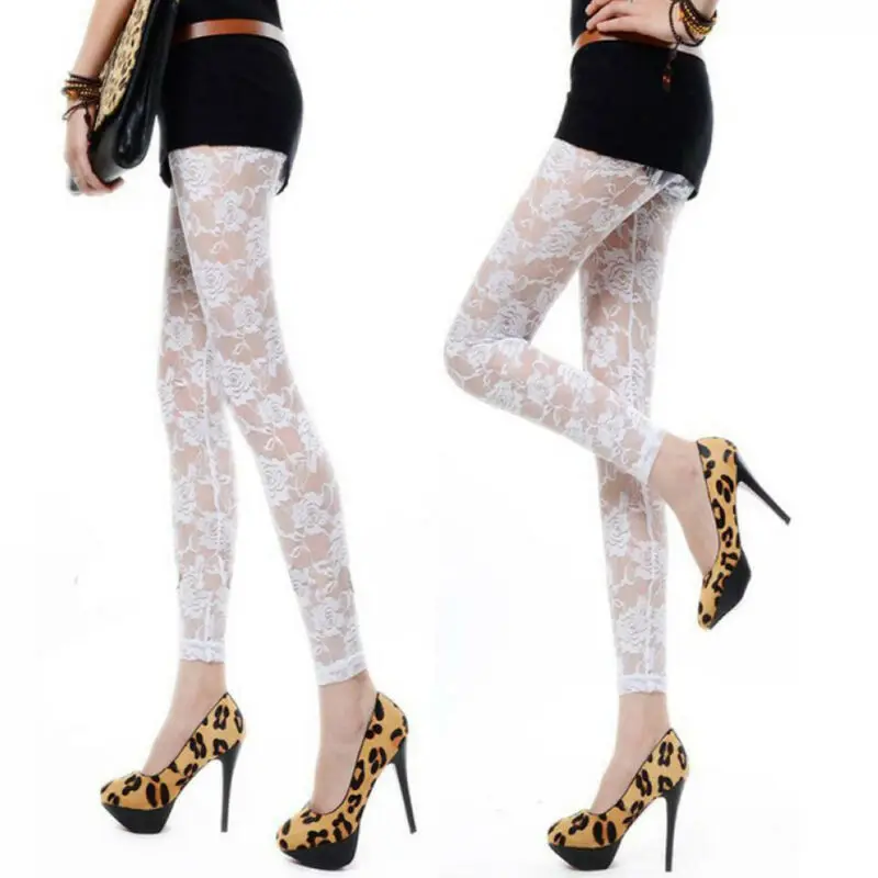 Lace Leggings Women Rose Floral Hollow Leggings Skinny Footless Pants ...