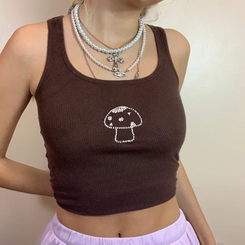 Indie-Aesthetics-Mushroom-Diamond-Tank-Tops-Vintage-U-neck-Sleeveless ...