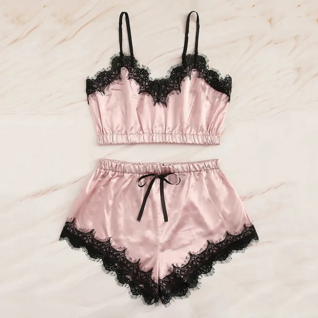 Conjunto-de-pijama-de-seda-satinada-para-mujer-ropa-de-dormir-Sexy-sin ...