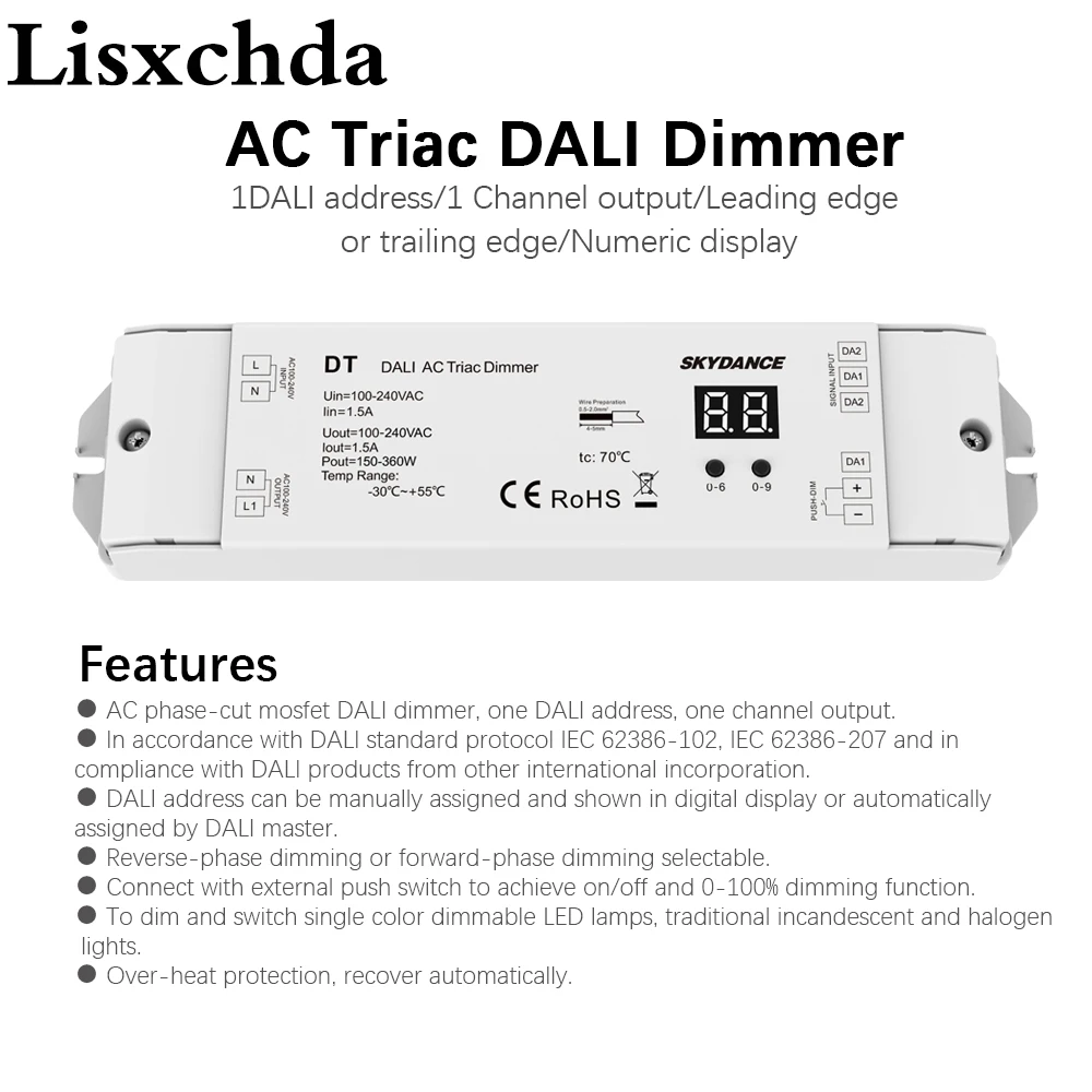 Triac DALI Dimmer 220V 110V 230V AC 1 Channel 1.2A 288W Numeric Display ...