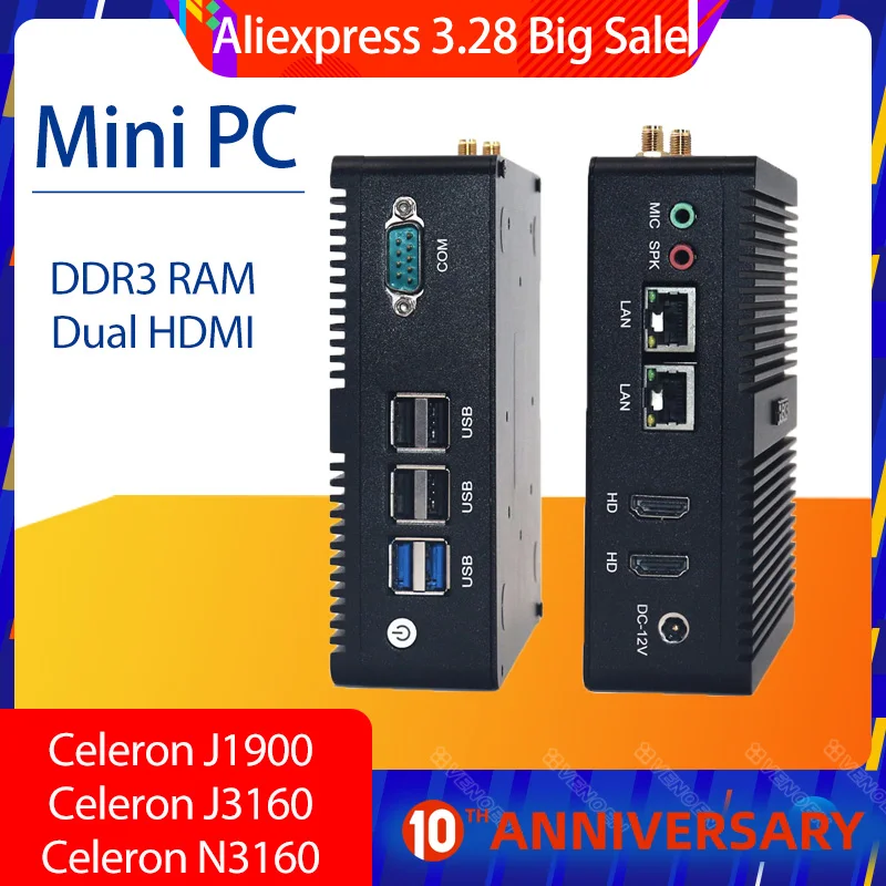 Mini PC Quad Core Dual Lan Celeron N3160 Linux Win10 Dual HDMI 2 x ...