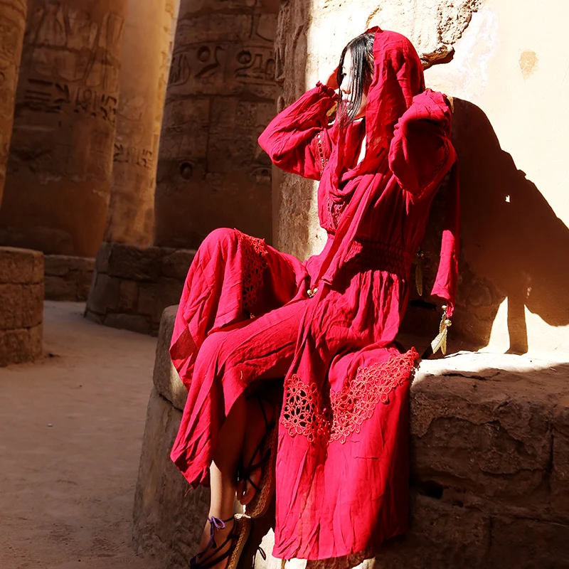 BOHO INSPIRED red dress hooded Gypsy women dresses V neck long lantern ...