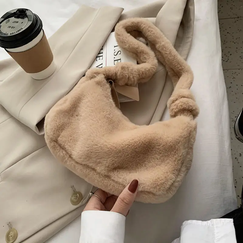 패션 소프트 플러시 여성 Hobos 핸드백 가짜 모피 숙녀 작은 어깨 가방 겨울 솔리드 컬러 여성 클러치 지갑 가방숄더 백