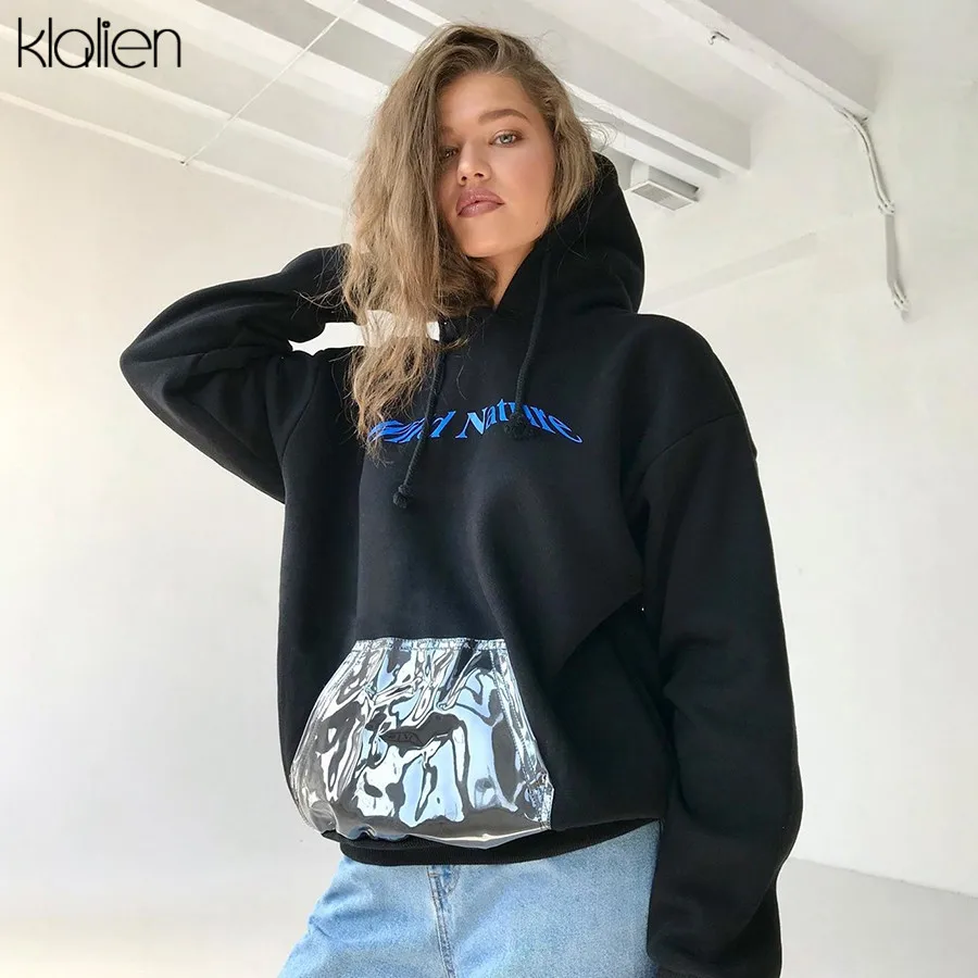 KLALIEN женские толстовки с прозрачным карманом, повседневные свободные ...
