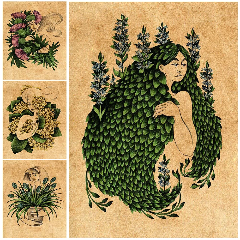 Spring Girl Art Prints Plant Flower And Girl Vintage Wall Art Canvas ...