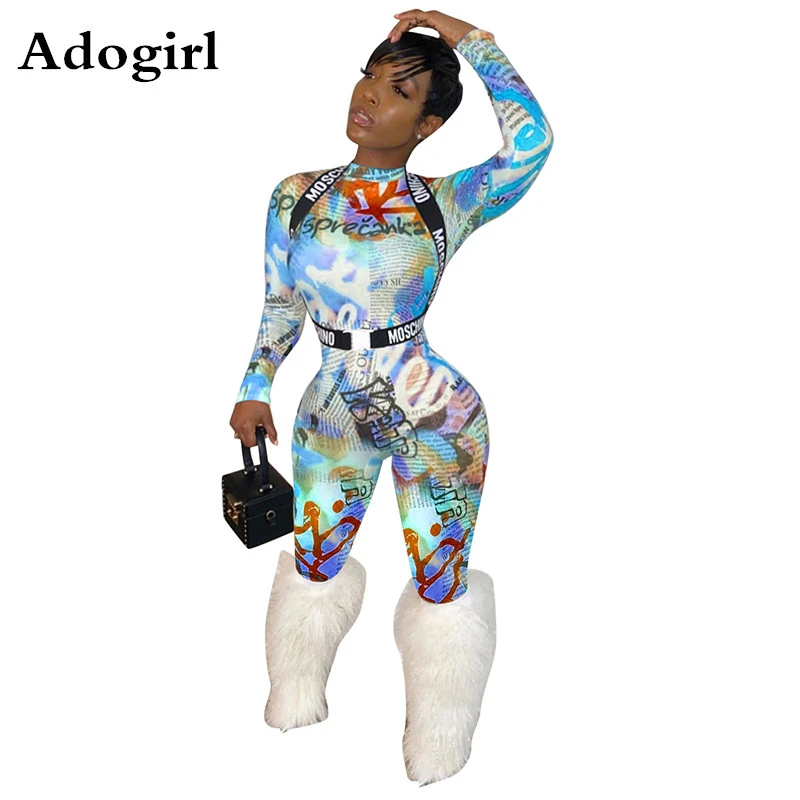 Newspaper Print Turtleneck Jumpsuit Women Long Sleeve Bandage Romper ...
