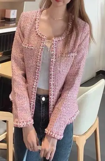 Round Neck Long Sleeved Casual Ladies Pink Tweed Jacket With Pearls ...