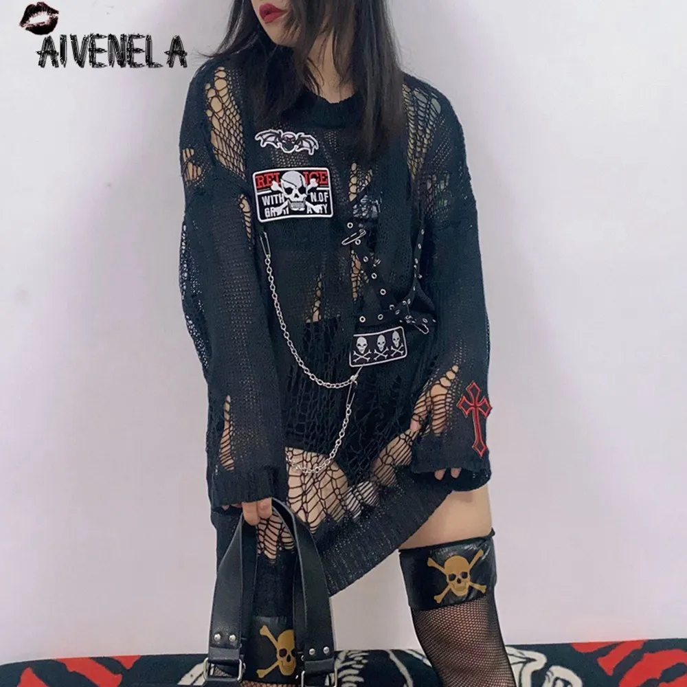 Harajuku Gothic Knitted Patch Skull Sweaters Punk Rock Girls Big Hole ...