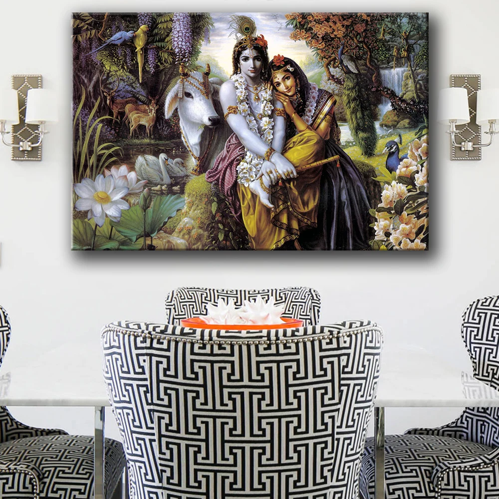 Gott Krishna Mit Radha Antikes Indisches Kalighat Gemälde Von
