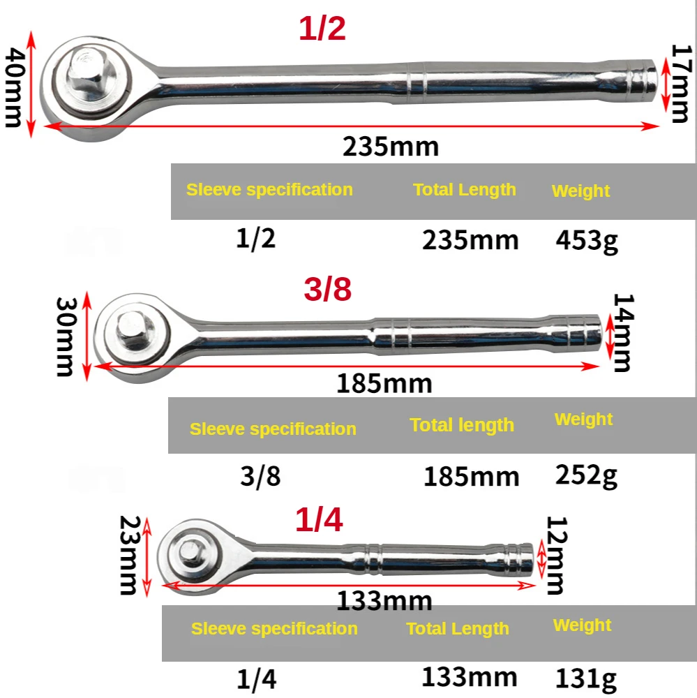 CLE A MOLETTE,3-8--Clé à cliquet à couple élevé, poignée en H, 1-4 "3-8" 1-2 ", pour douille ...