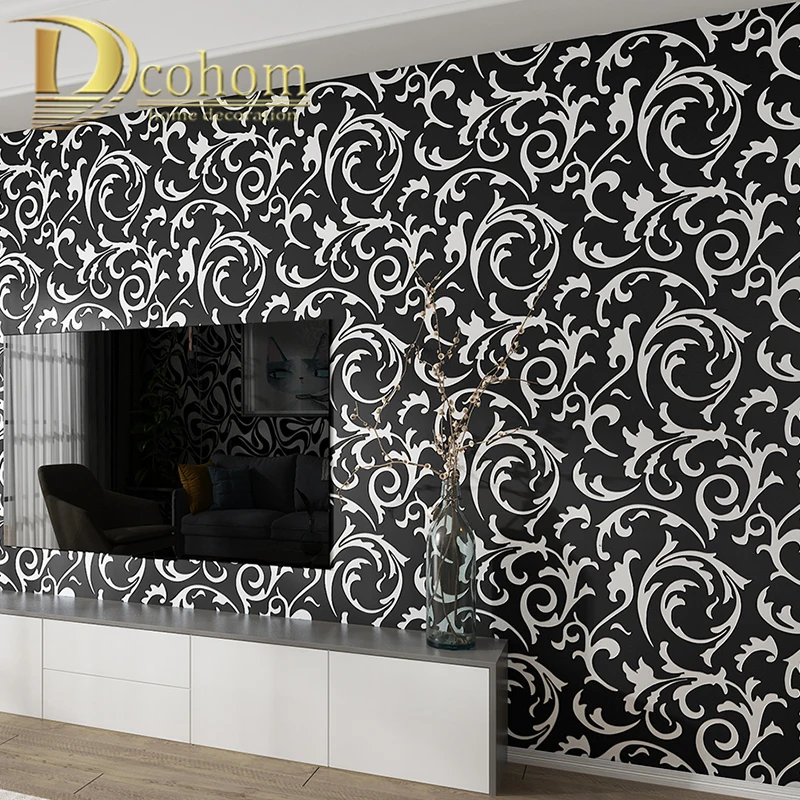 Black And White Damask Wallpaper In Room