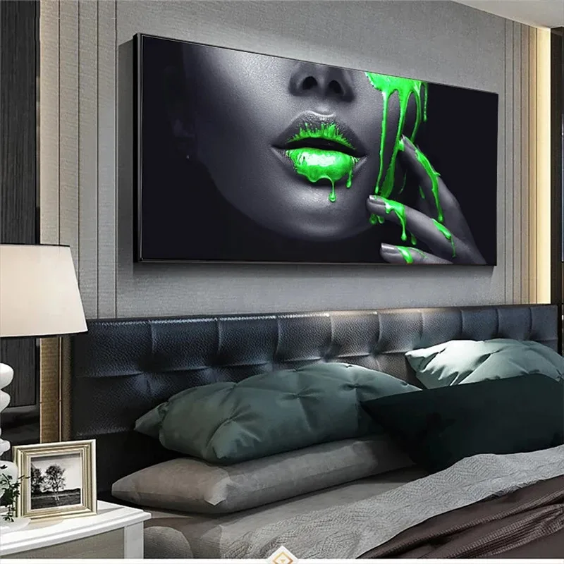 Women Face Sexy Lips Green Liquid Canvas Painting Wall Art Posters ...