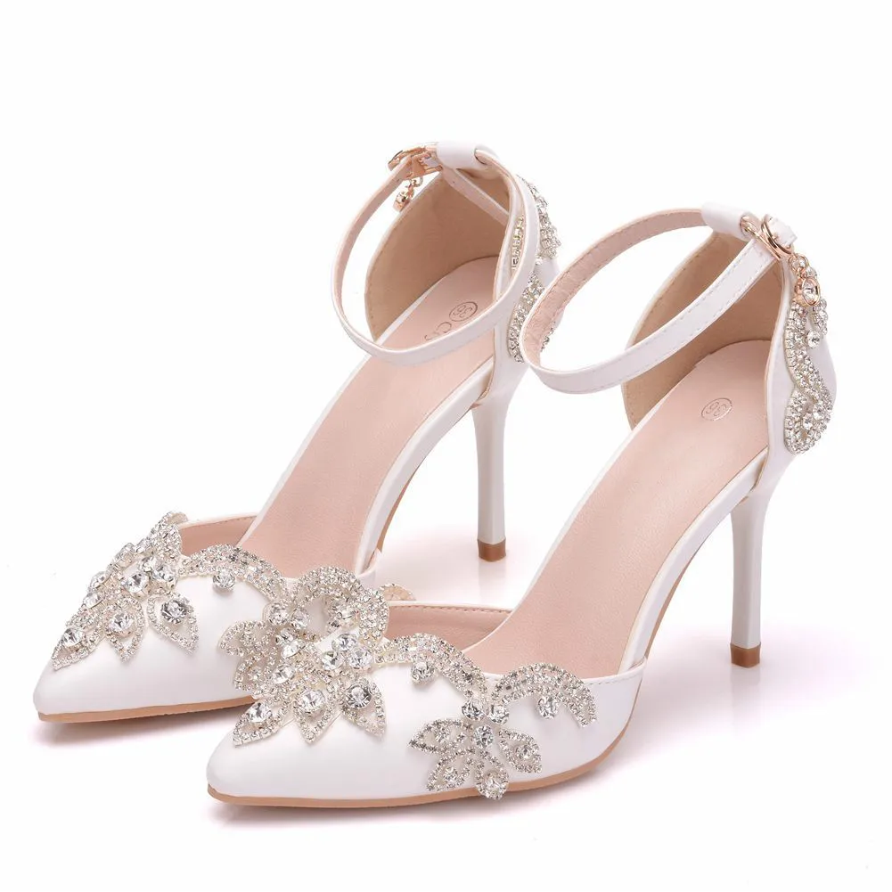 Women White Tassled Crystal High Heels Sandals Thin Heeled Pointed ...