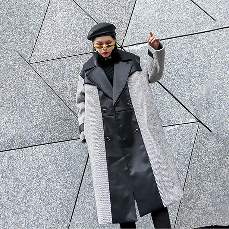 [EAM] свободное серое шерстяное пальто из искусственной кожи с разрезом ...