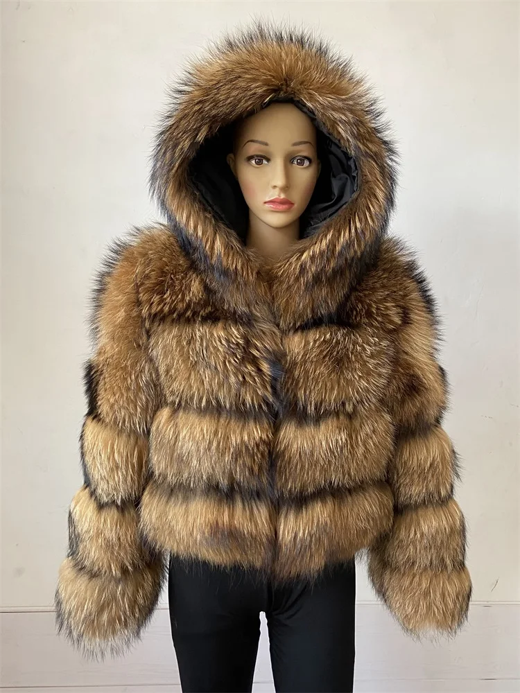 Beiziru Real Natural Raccoon Silver Fox Fur Hooded Coat Detachable Hood Winter Warm Women Height ...
