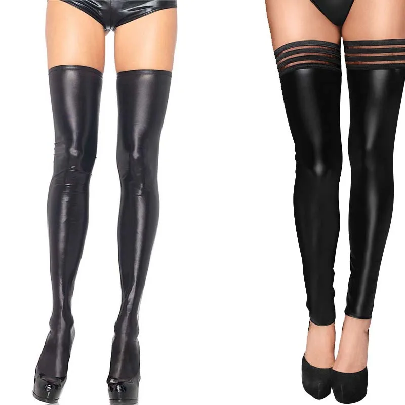 Sexy Black Faux Leather Fetish Wet Look Metallic Thigh Highs Thigh High