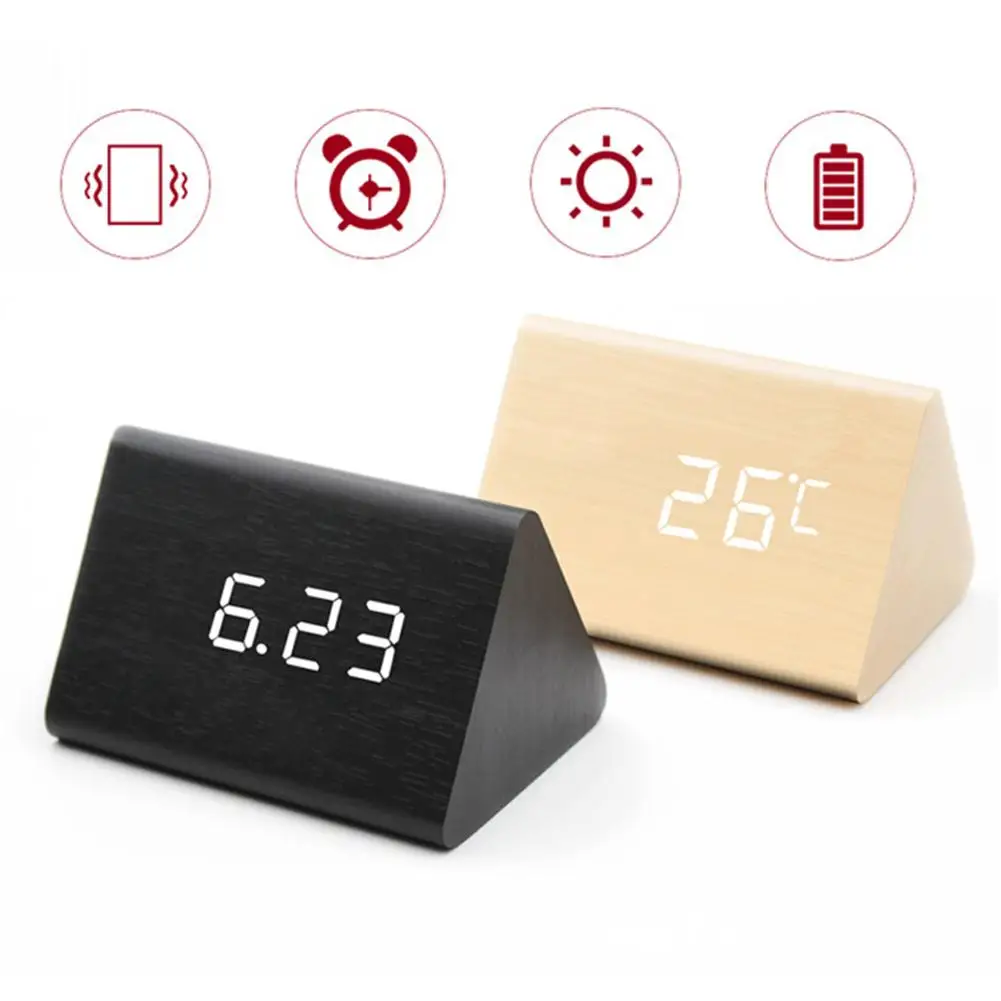 LED Wooden Alarm Clock Table Voice Control Digital Clock Temperature ...