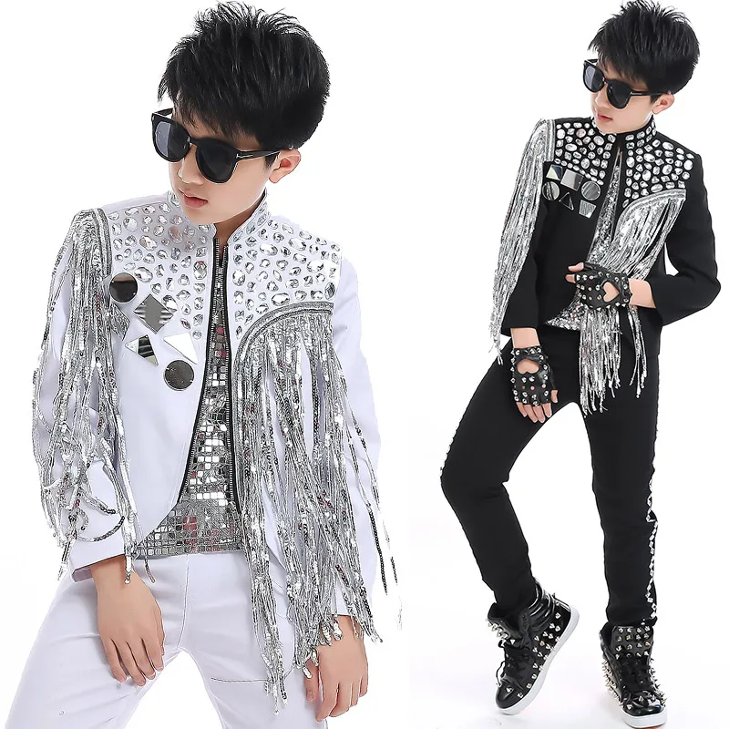 Boys Hip Hop Dance Costumes Silver Sequin Fringed Coat Children Singer ...