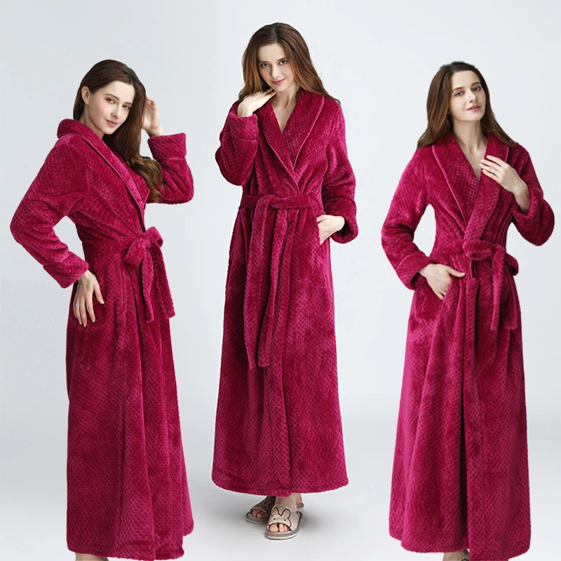 Women Men Extra Long Warm Dobby Coral Fleece Bathrobe Winter Thick ...