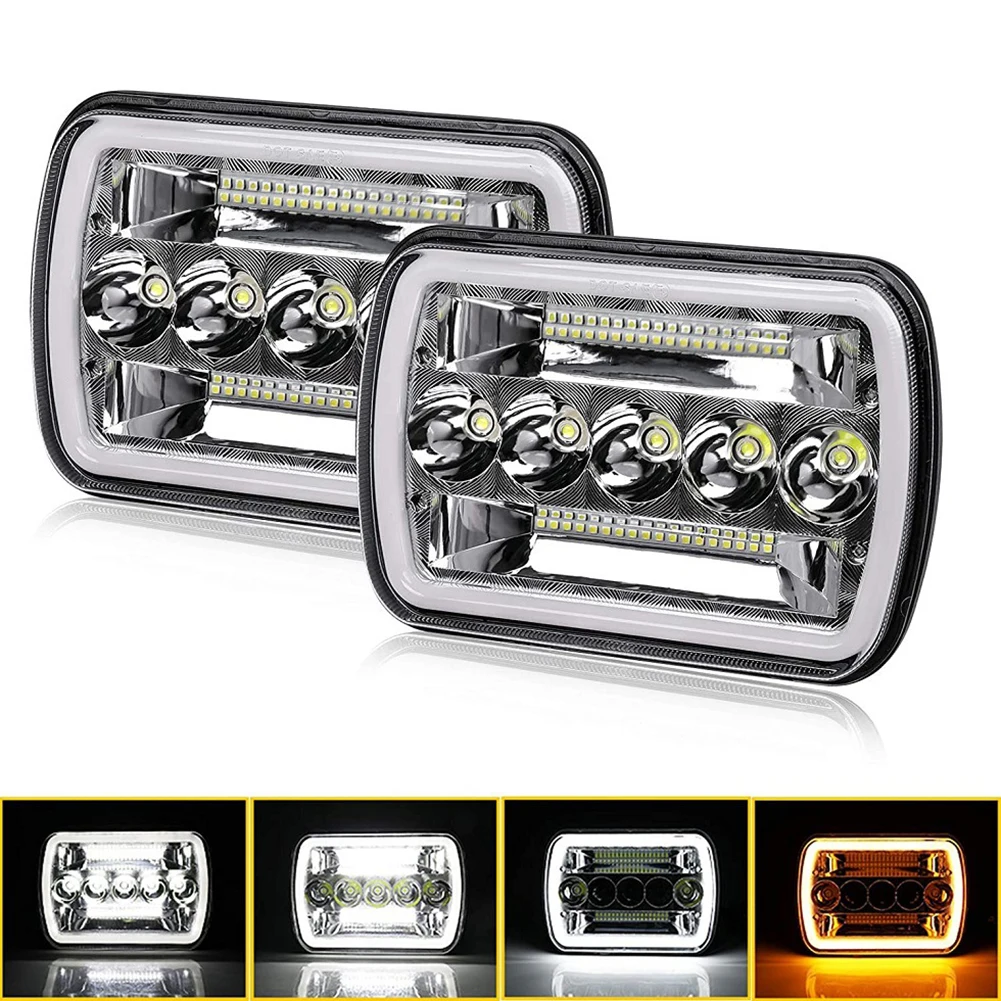 Phares de voiture LED rectangulaires avec Halo blanc DRL ambre 7x6 5x7 ...
