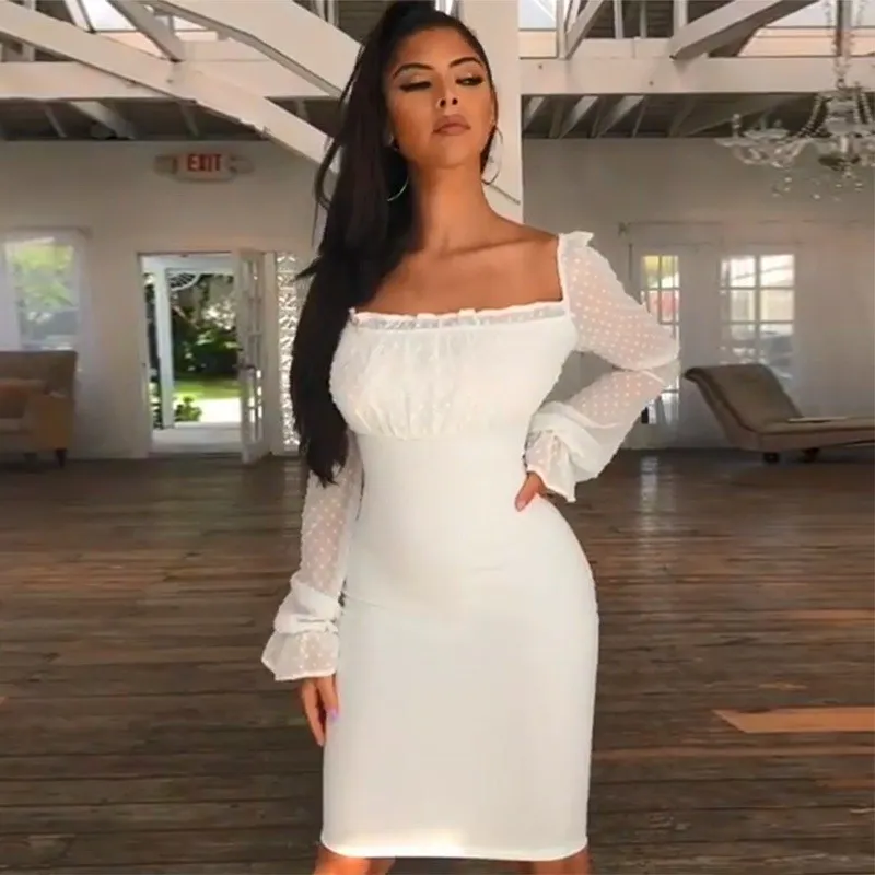 Elegant Transparent Empire Backless Dress Women Flare Sleeve Bodycon ...