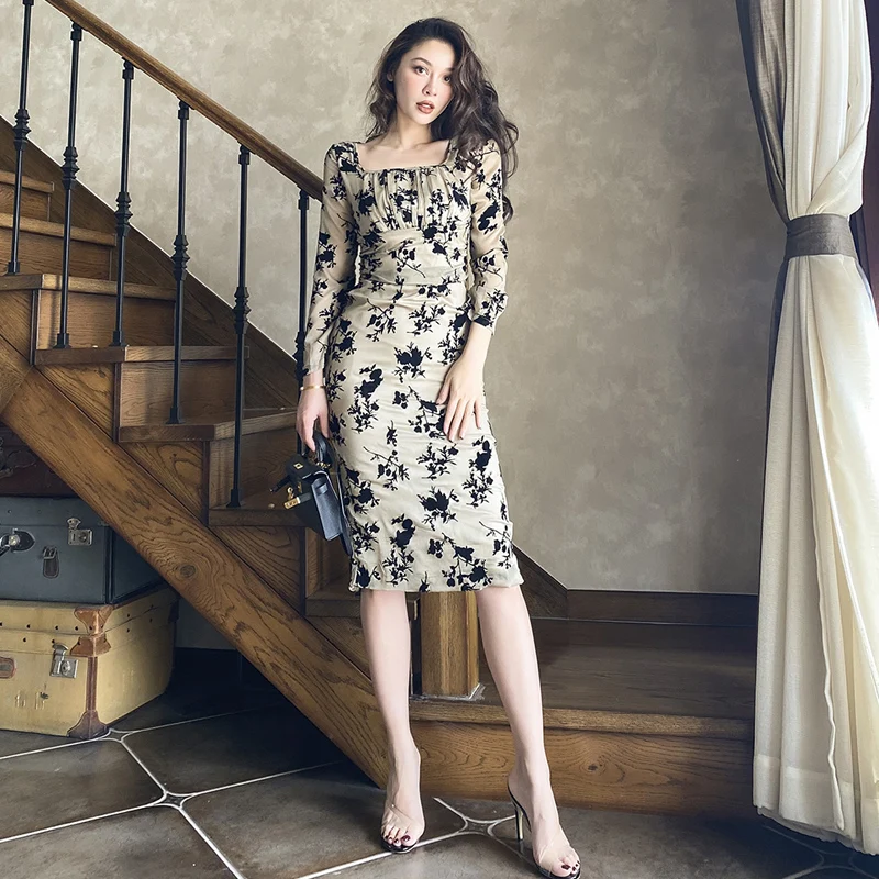 2020 Spring New Vintage Elegant Thin Velvet Jacquard Long Slim Dresses ...