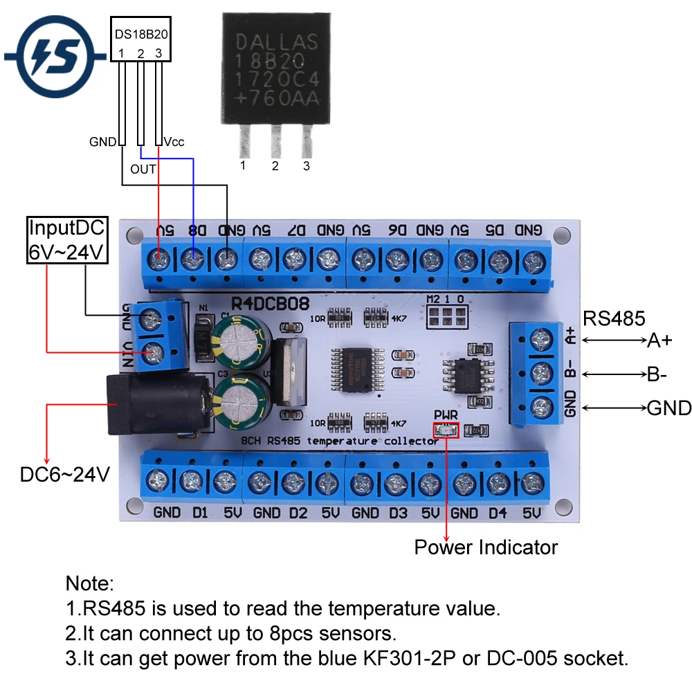 8CH Modbus RTU RS485 R4DCB08 Temperature Receiver Relay Module ...