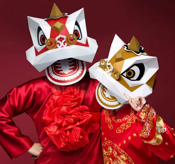 Pre Cut Paper Mask 3D Chinese Lion Dance Halloween Costume Cosplay DIY ...
