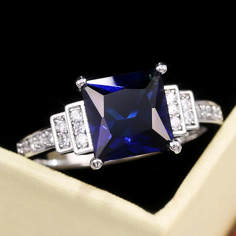 Huitan Noble Blue Princess Cut Women Rings Elegant Lady Wedding ...