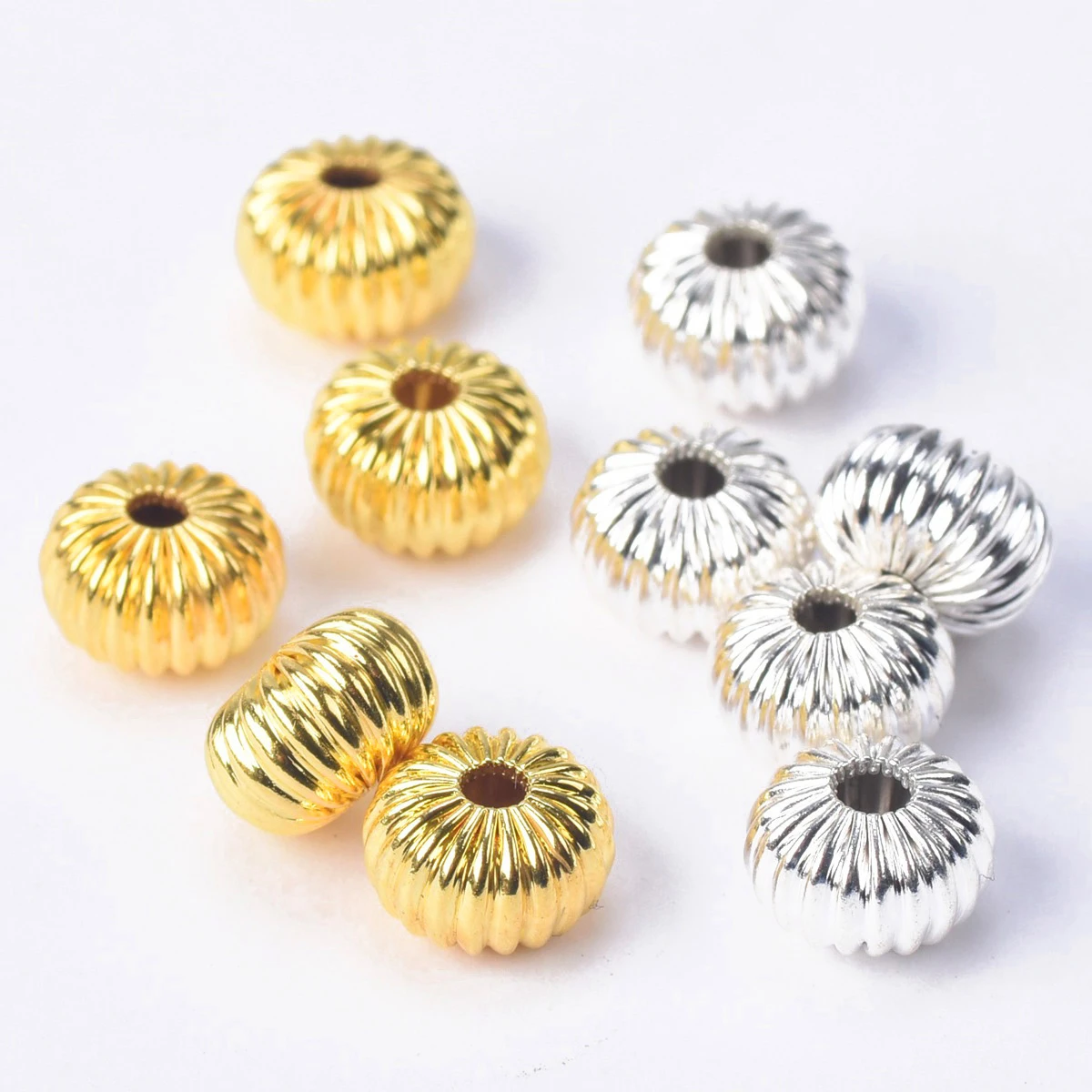 Plated Gold Color Silver Color Rondelle 8x6mm 10x6mm Hollow Plicated Metal Brass Loose Spacer ...