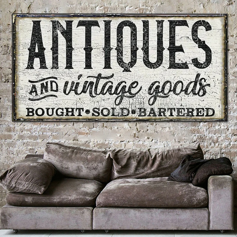 Retro-Antiques-And-Vintage-Goods-Sign-Canvas-Painting-Wall-Art-Old-Time ...