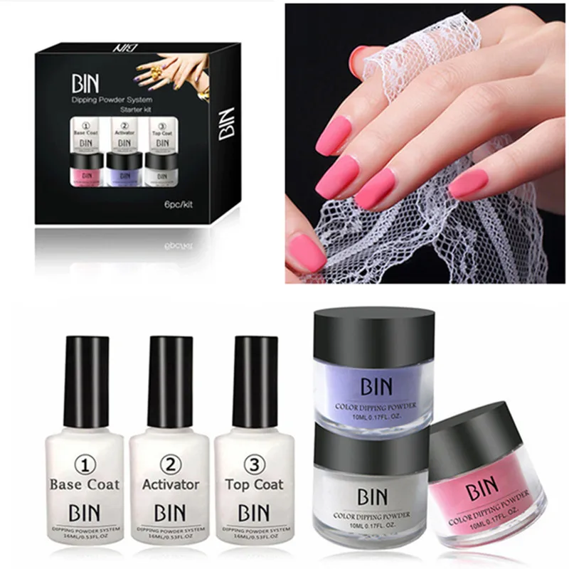 6 Bottles/Set Dipping Powder Kit Red Powder Top Base Coat Activator Dip ...