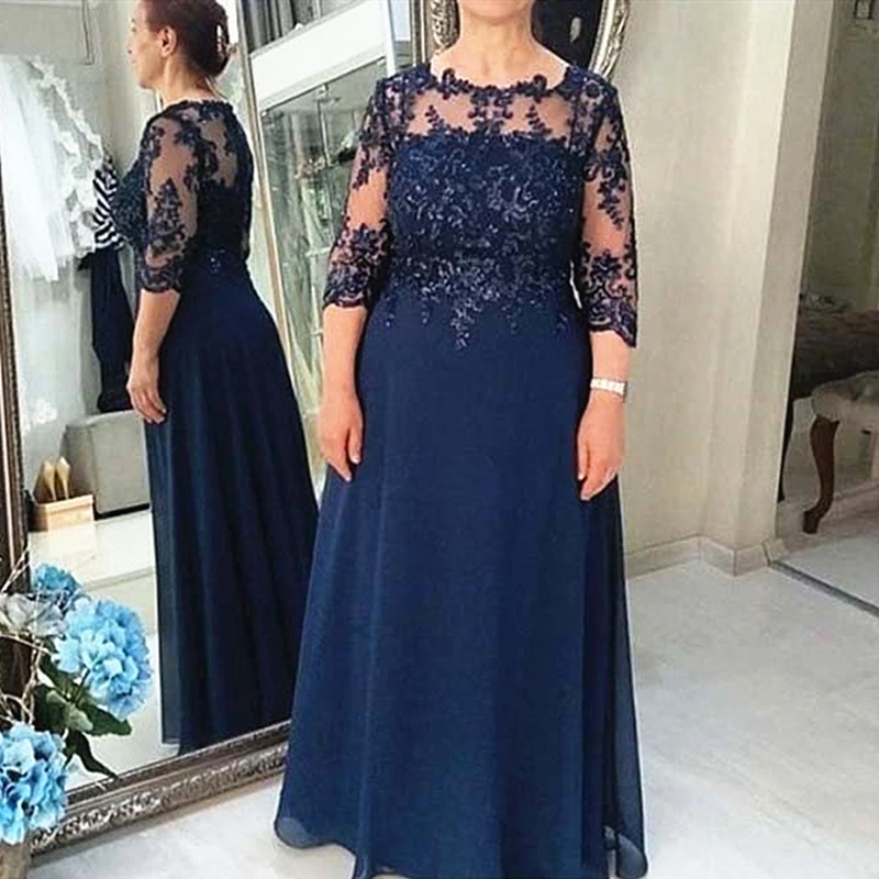 Dark Navy Mother Of The Bride Dress Long Beaded Lace Chiffon 3/4 ...