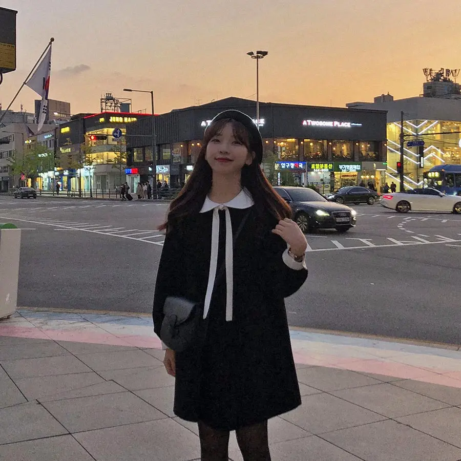 preppy style long sleeve dress empire peter pan collar pull sleeve bow ...