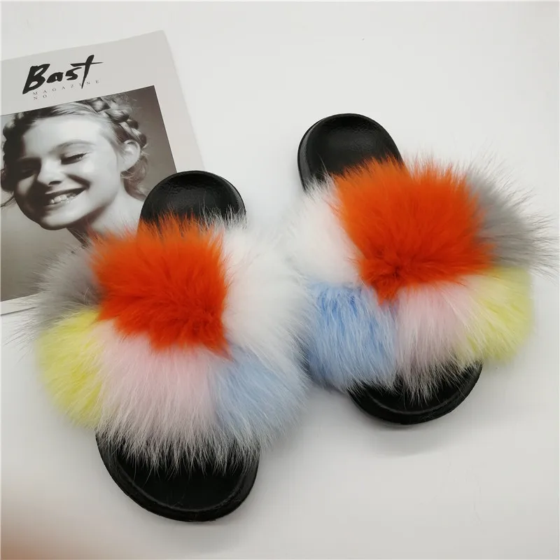 Summer New Real Fox Fur Lady's Slippers Color Matching Slippers Solid ...