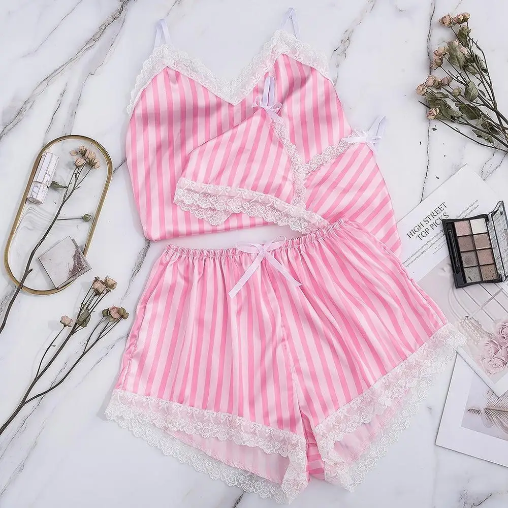 Conjunto de pijamas de satén para mujer, ropa de dormir Sexy, camisola de seda con lazo de ...