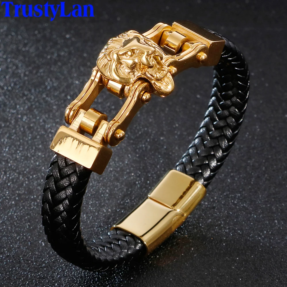 Punk Goth Lion Head Men's Bracelets & Bangles Braided Genuine Leather ...