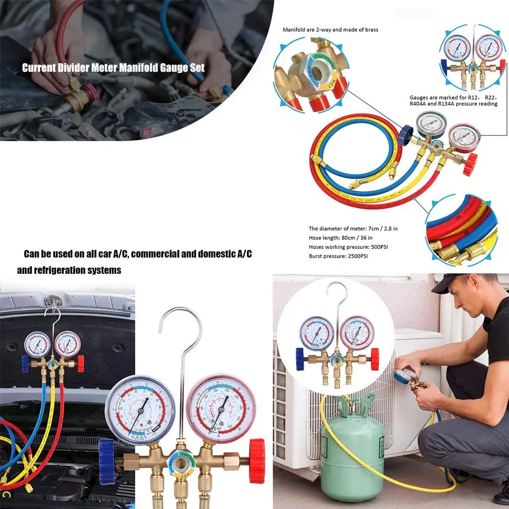 3 Way AC Manifold Gauge Set with Hoses Couplers & Adapter Refrigerant AC Gauges Automotive AC ...