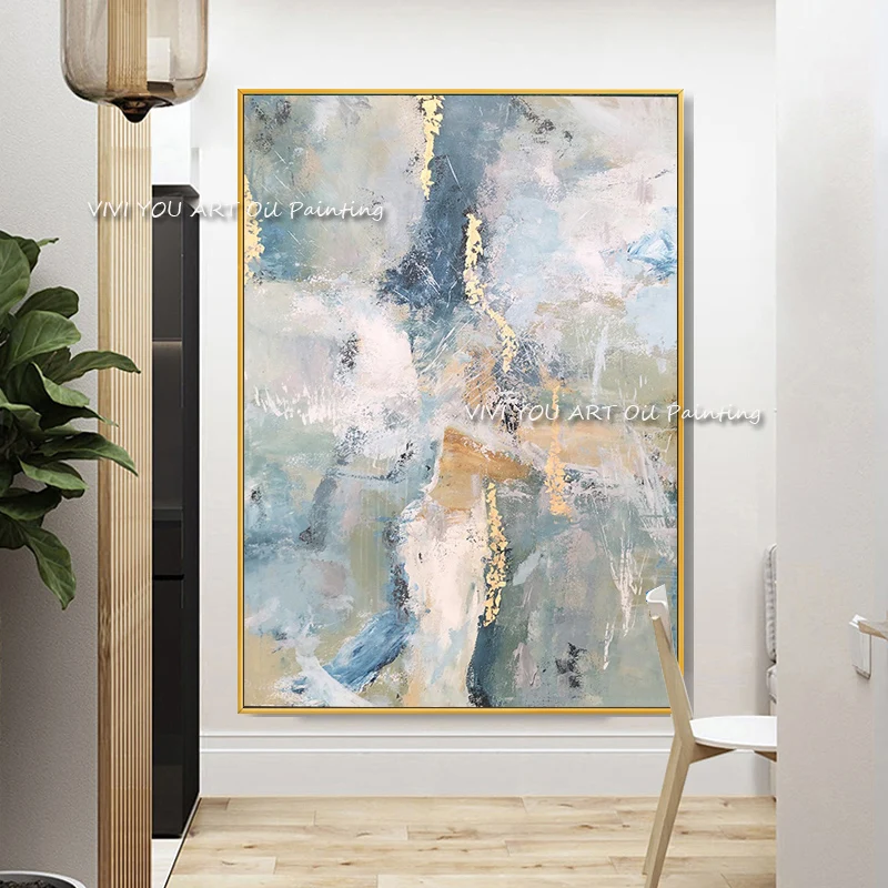 Cuadro de hoja dorada de gran tamaño pintado a mano, pintura al óleo ...