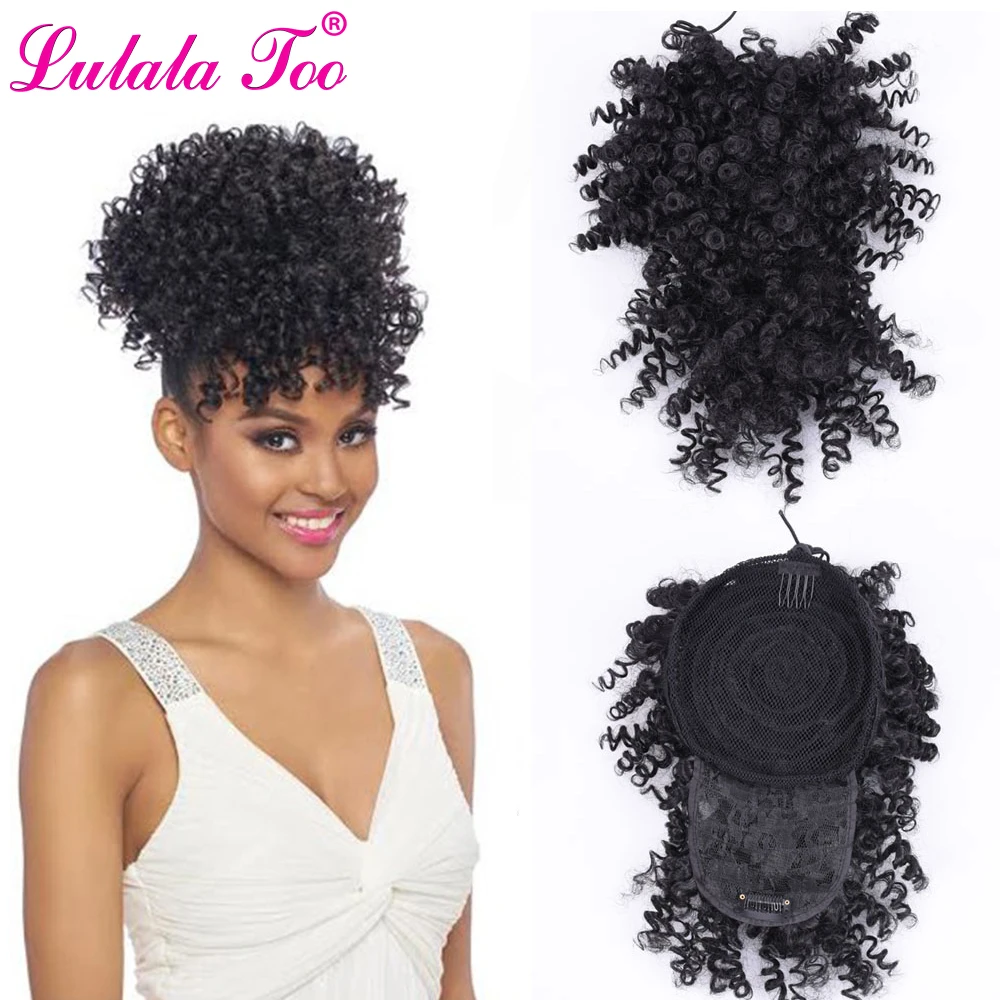 Synthetic Fake Afro Kinky Curly Drawstring Ponytail With Bangs Wig Hair ...