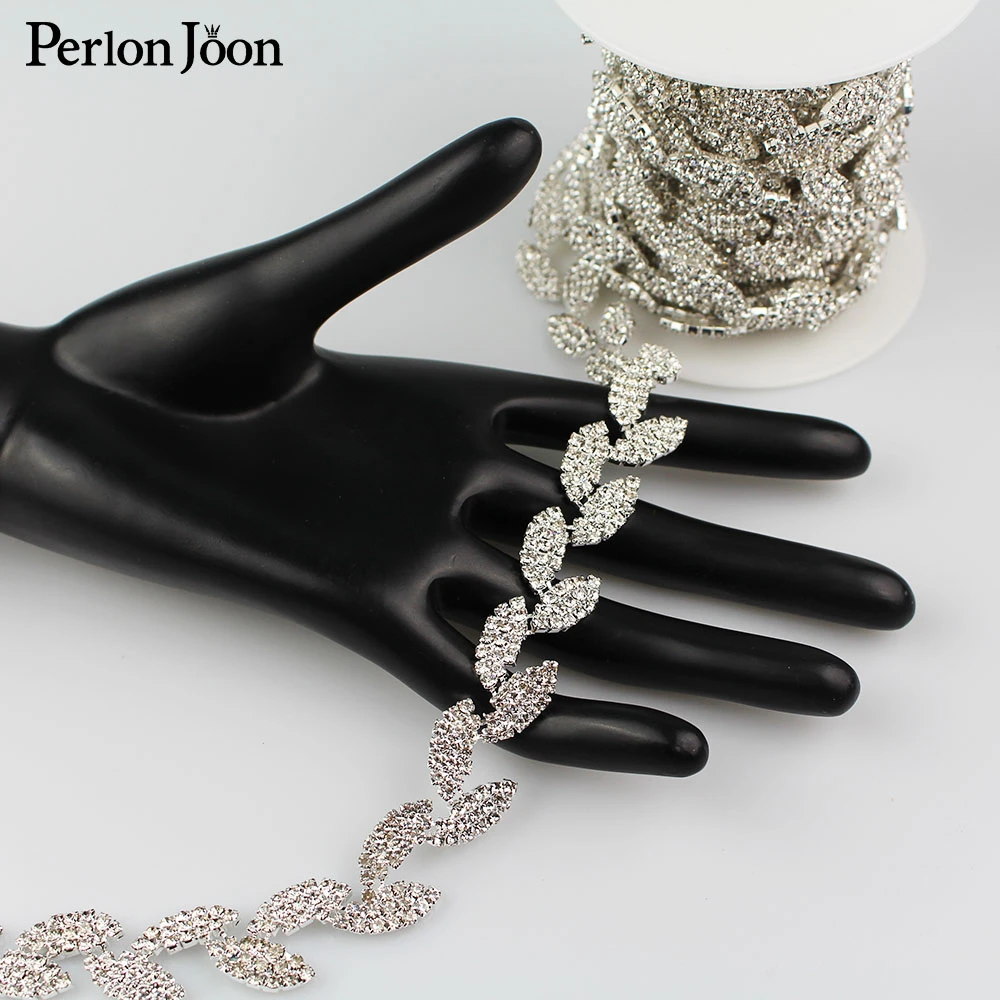 1yard Leaves shape crystal Blinking rhinestones trim metal chain Ribbon ...